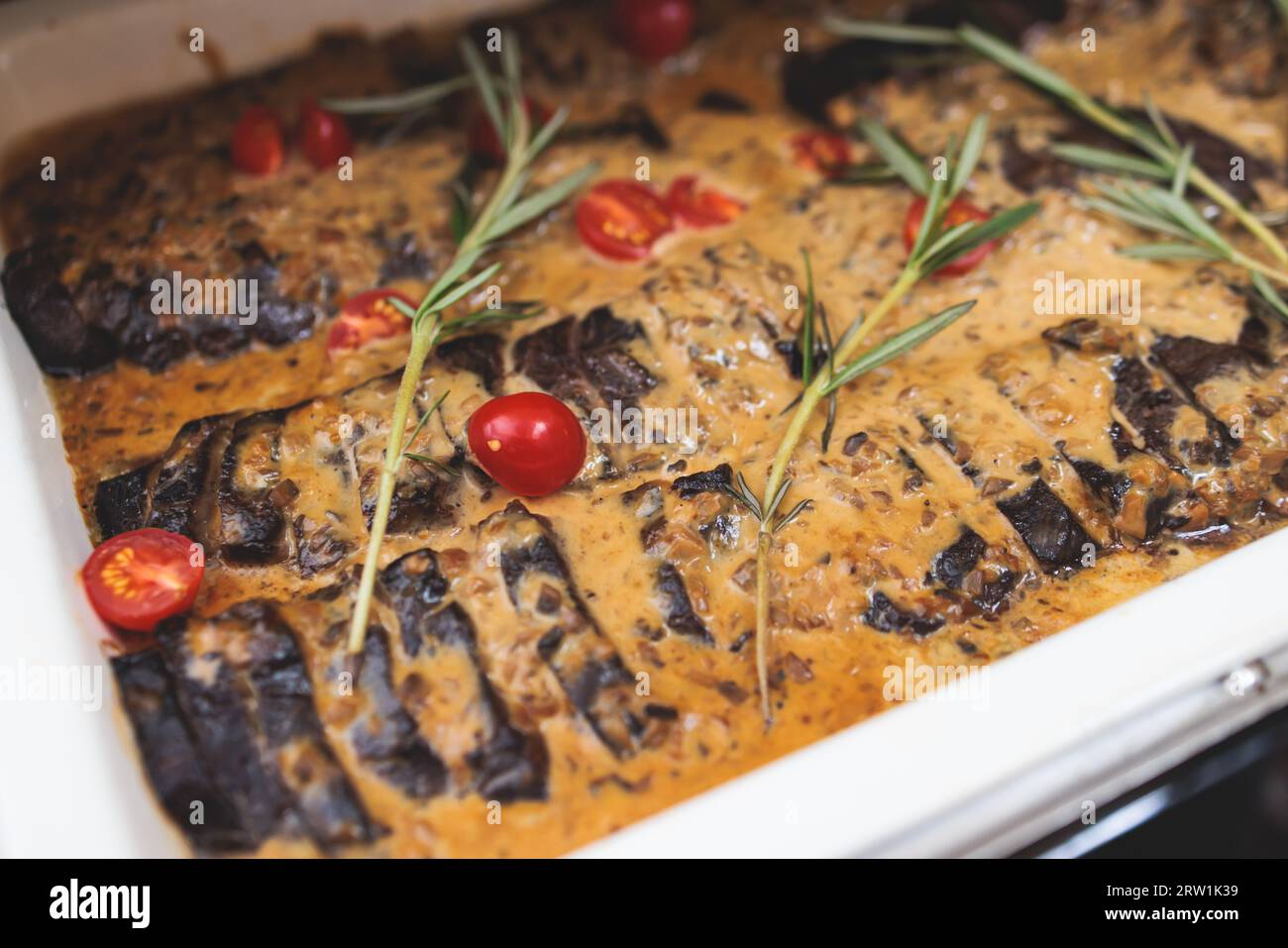 Beautifully decorated catering banquet table with different main course ...