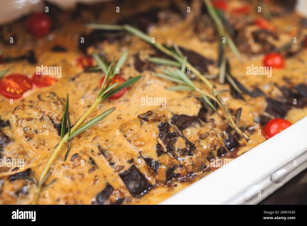 Beautifully decorated catering banquet table with different main course ...