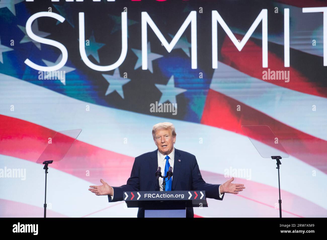 Former US President Donald J. Trump offers remarks during the Pray Vote ...
