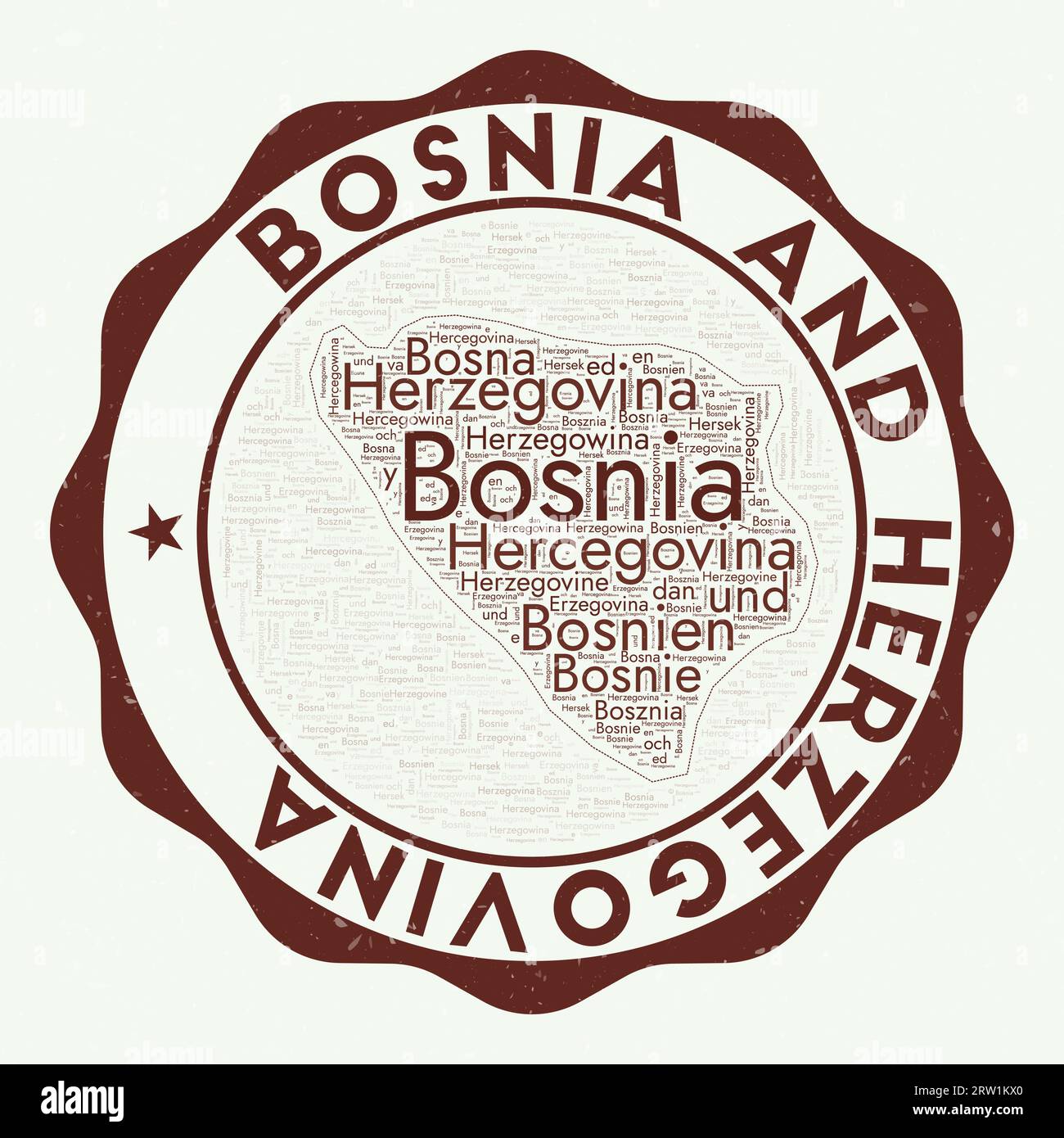 Beautiful country badge with word cloud in the shape of Bosnia. Round ...