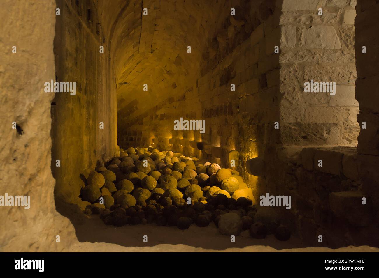 Ammunition storage of cannon balls in the walls of the Venetian Fort in ...