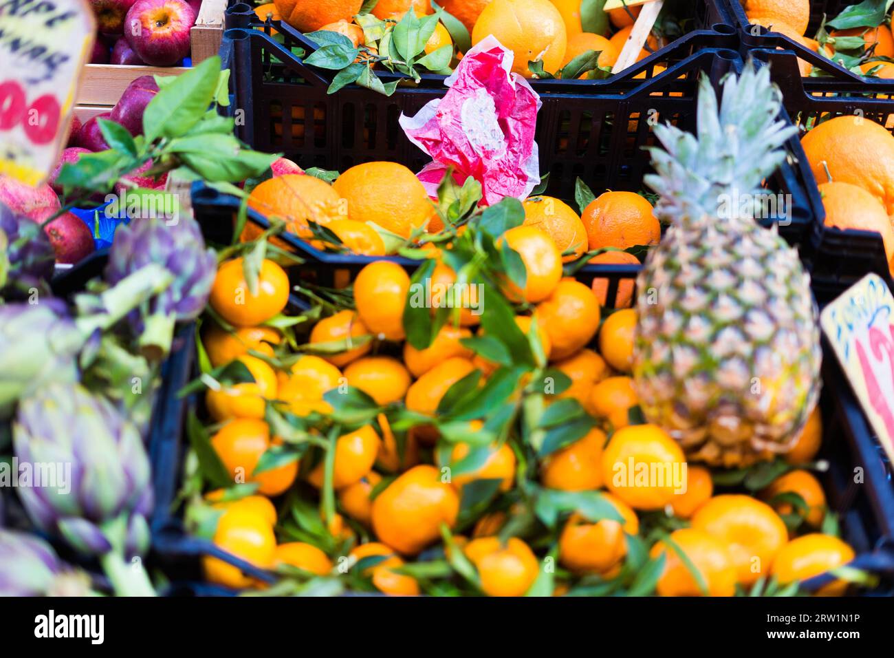 Open air market in Italy, different fruit. Madeira's fruits, pineapple ...
