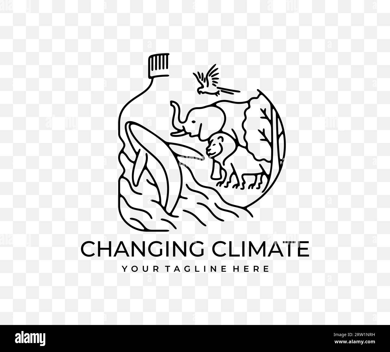Changing climate, animals, plants, fish and birds, linear graphic ...