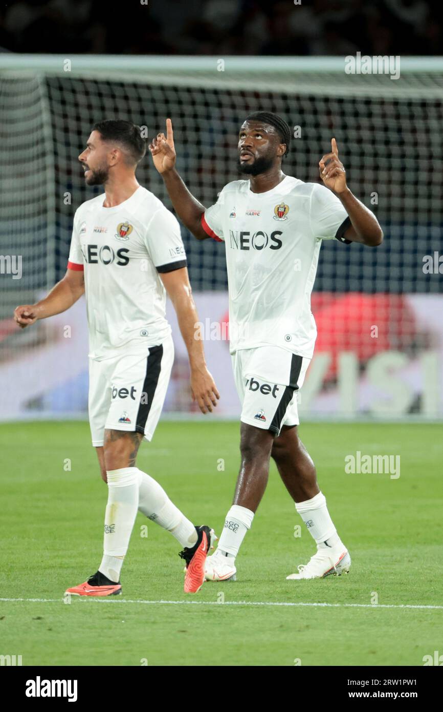 Paris, France. 15th Sep, 2023. Terem Moffi of Nice celebrates his goal ...
