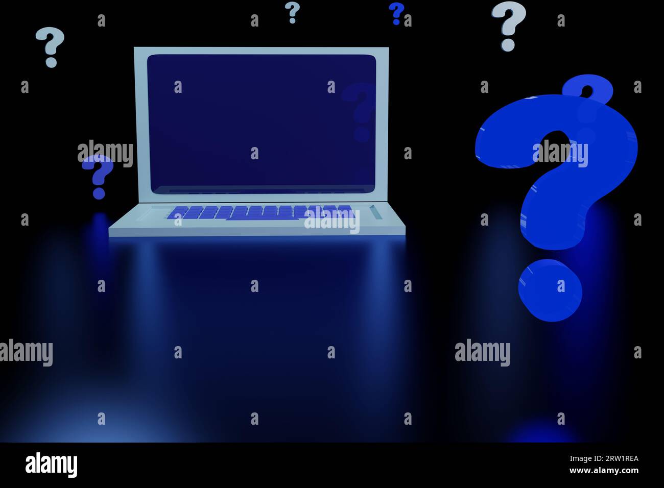 Laptop computer and question marks Stock Photo - Alamy