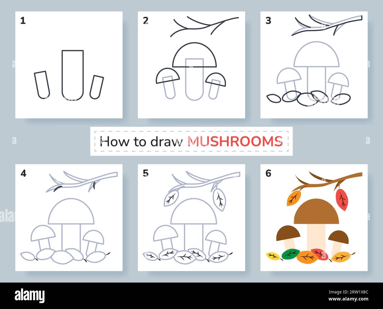 Drawing lesson for kids. How to draw mushrooms Stock Vector Image & Art ...