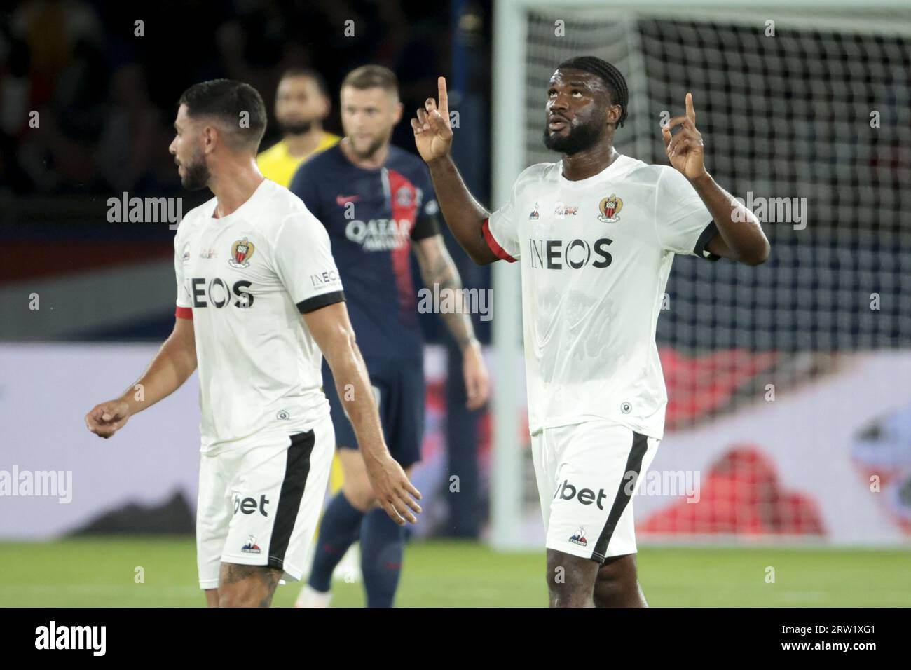 Paris, France. 15th Sep, 2023. Terem Moffi of Nice celebrates his goal ...