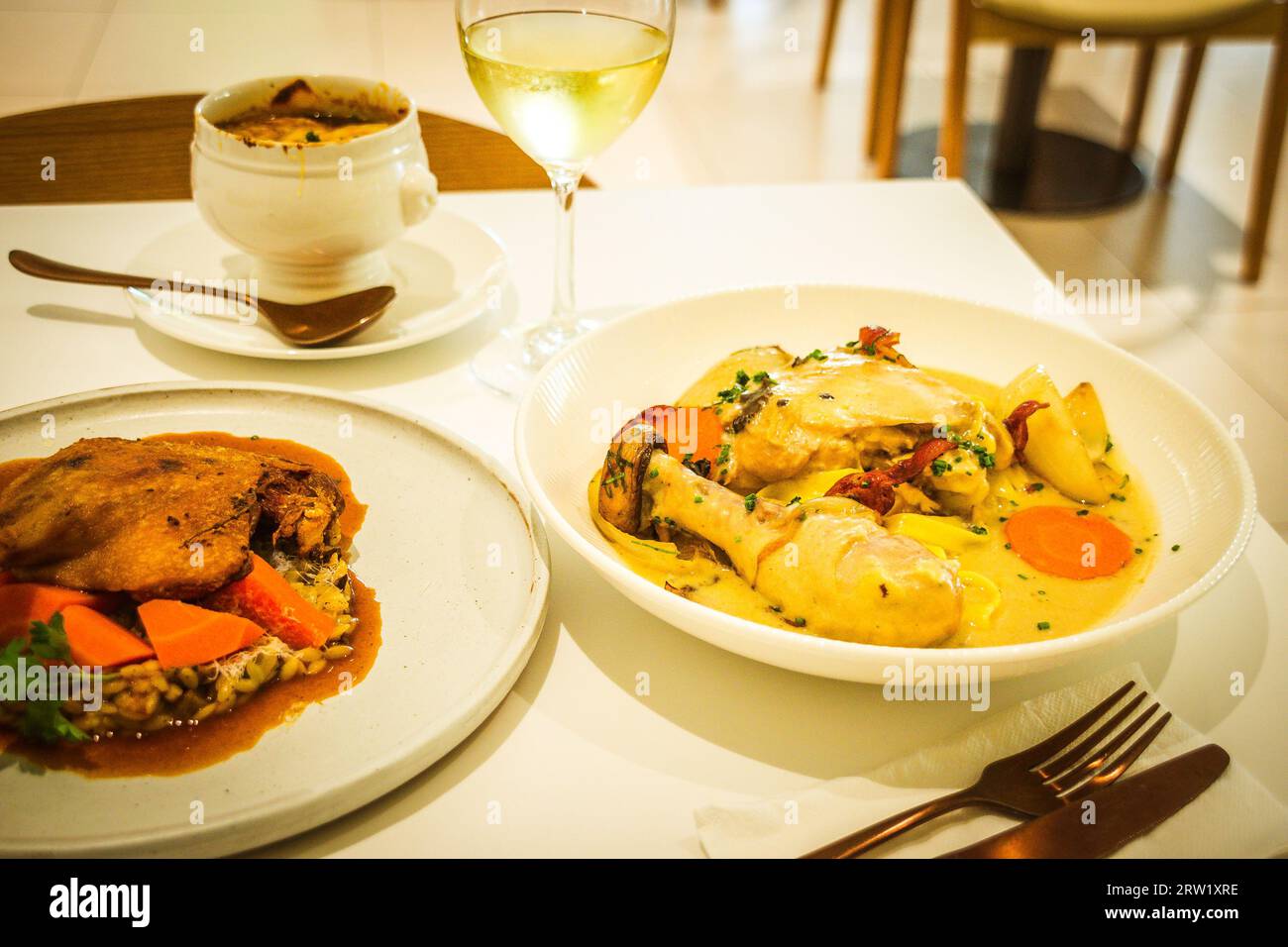 Chicken Vin Blanc Free range chicken leg, tarragon, maitake mushroom ...