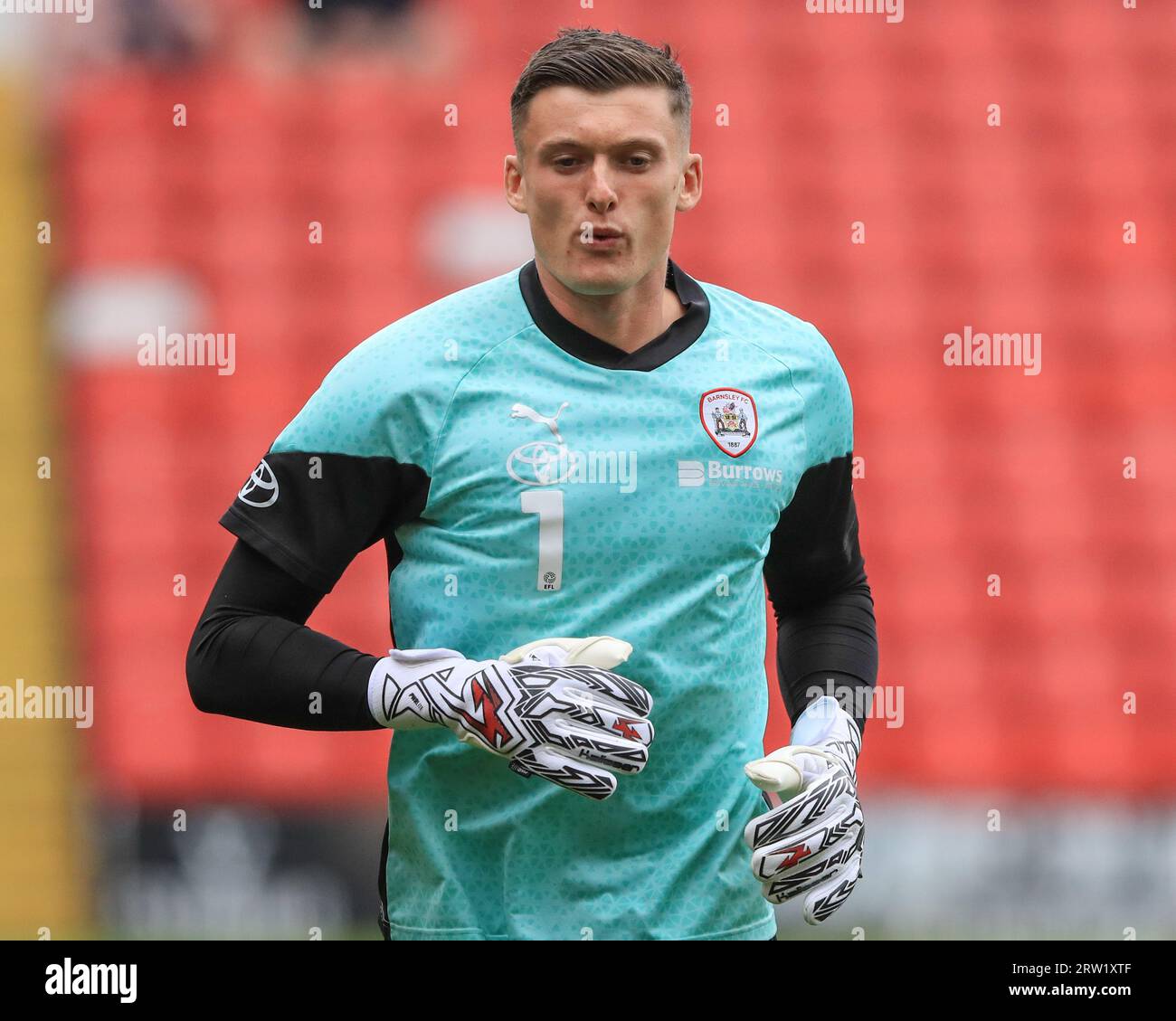 Liam Roberts #1 of Barnsley in the pregame warmup session during the Sky Bet League 1 match ...