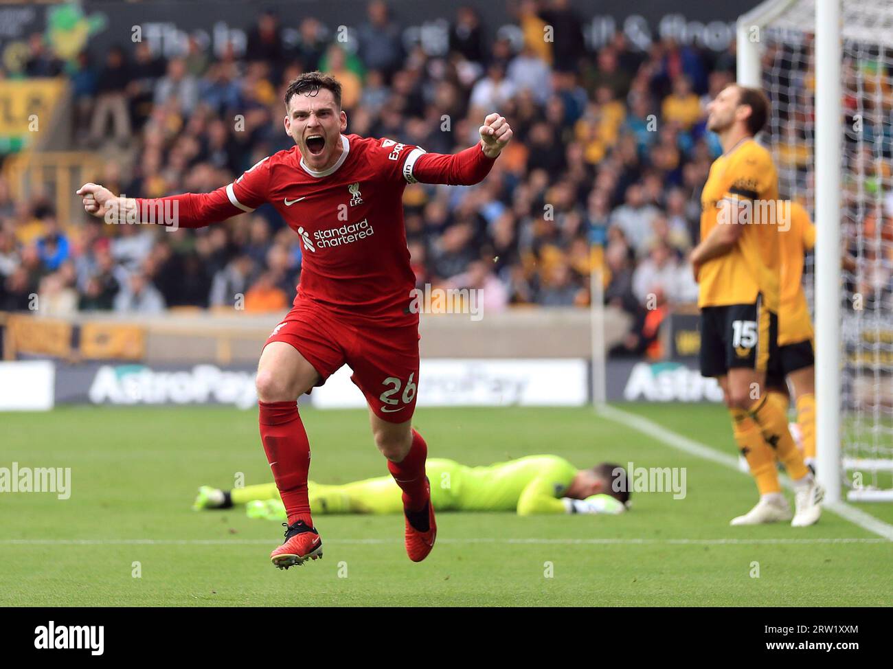 Liverpools andrew robertson celebrates scoring hi-res stock photography ...