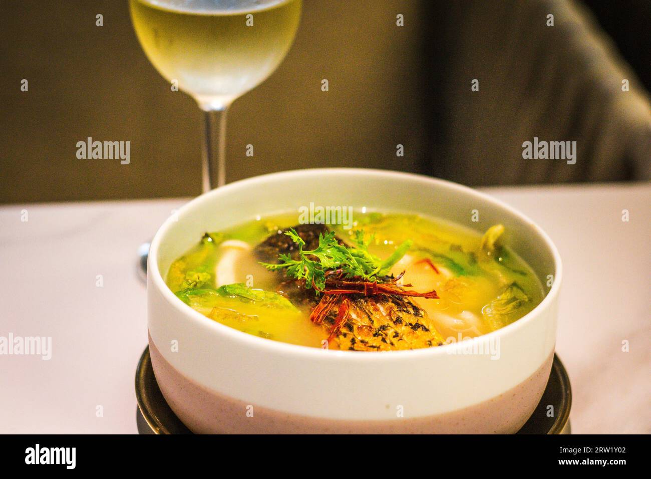 Fish Collagen Broth (Gluten Free) Pan-fried barramundi, fried shallots ...