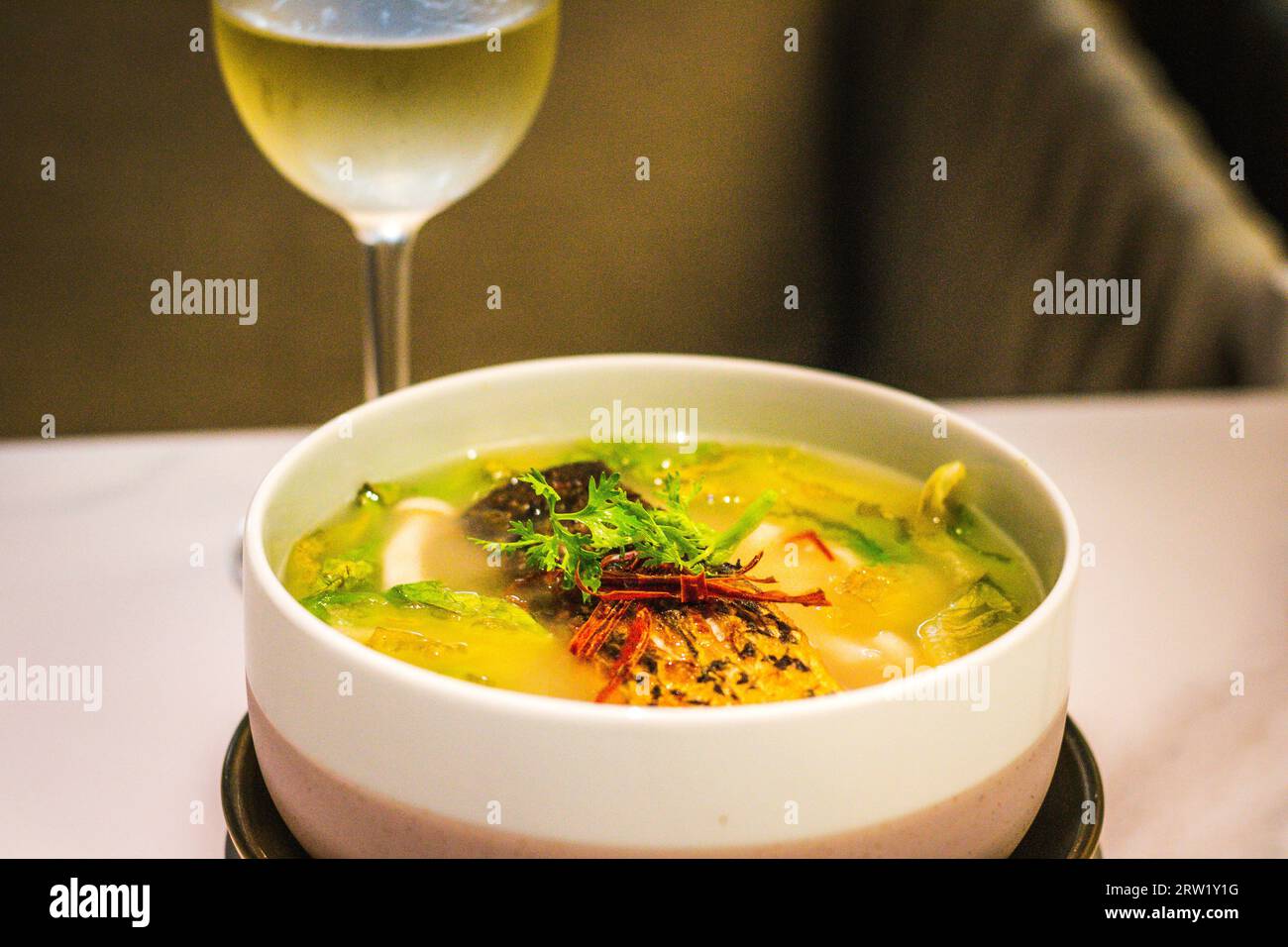 Fish Collagen Broth (Gluten Free) Pan-fried barramundi, fried shallots ...