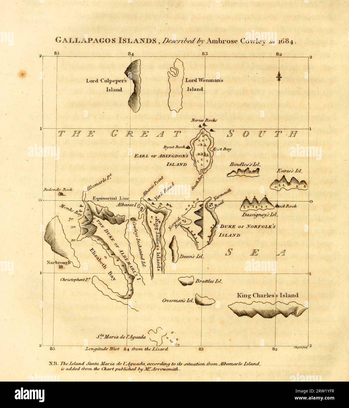 Map of the Galapagos Islands as described by Cowley in 1684 Stock Photo ...