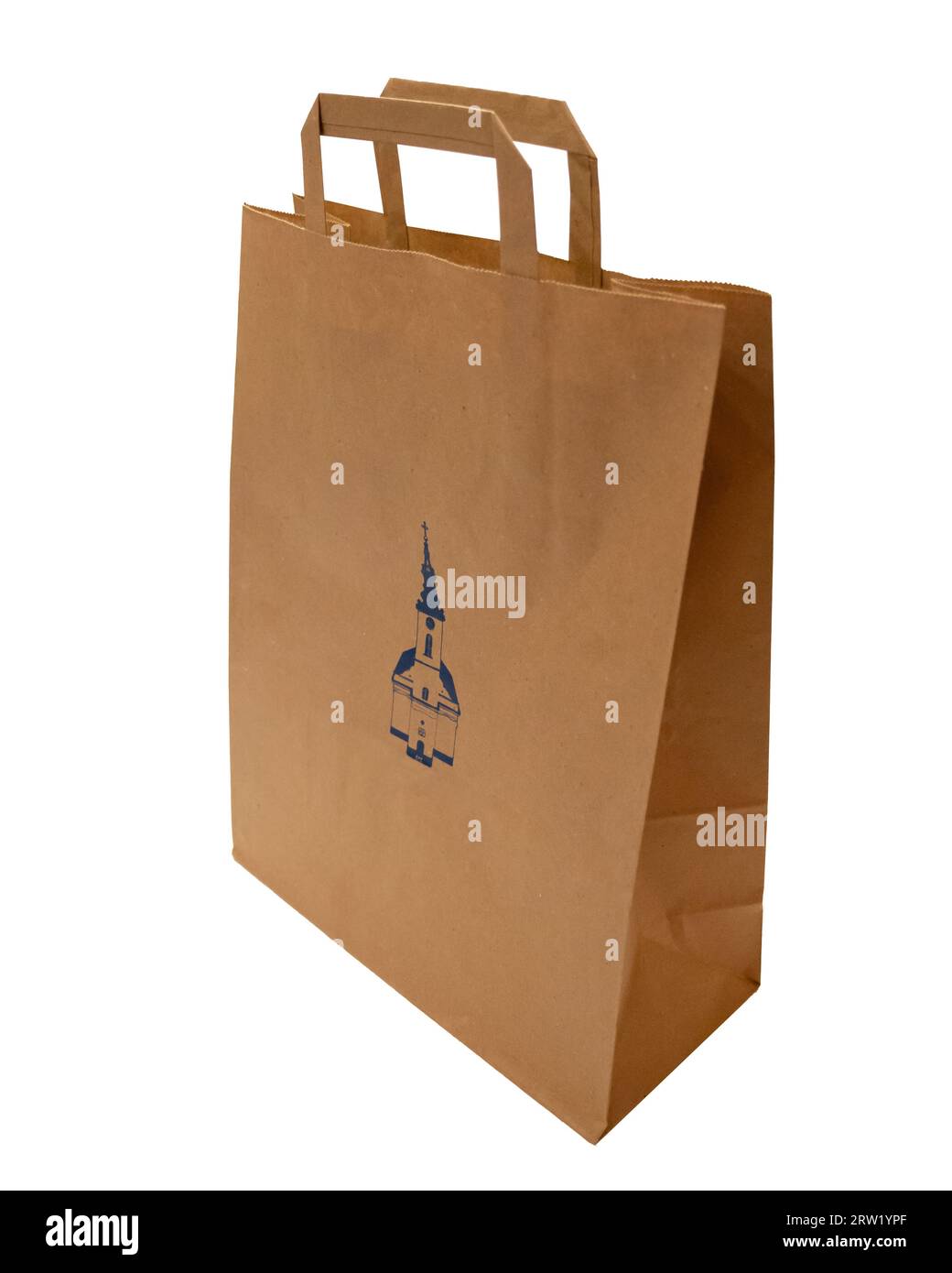 Brown Paper Bag isolated on a White Background With Blue Church Stock ...