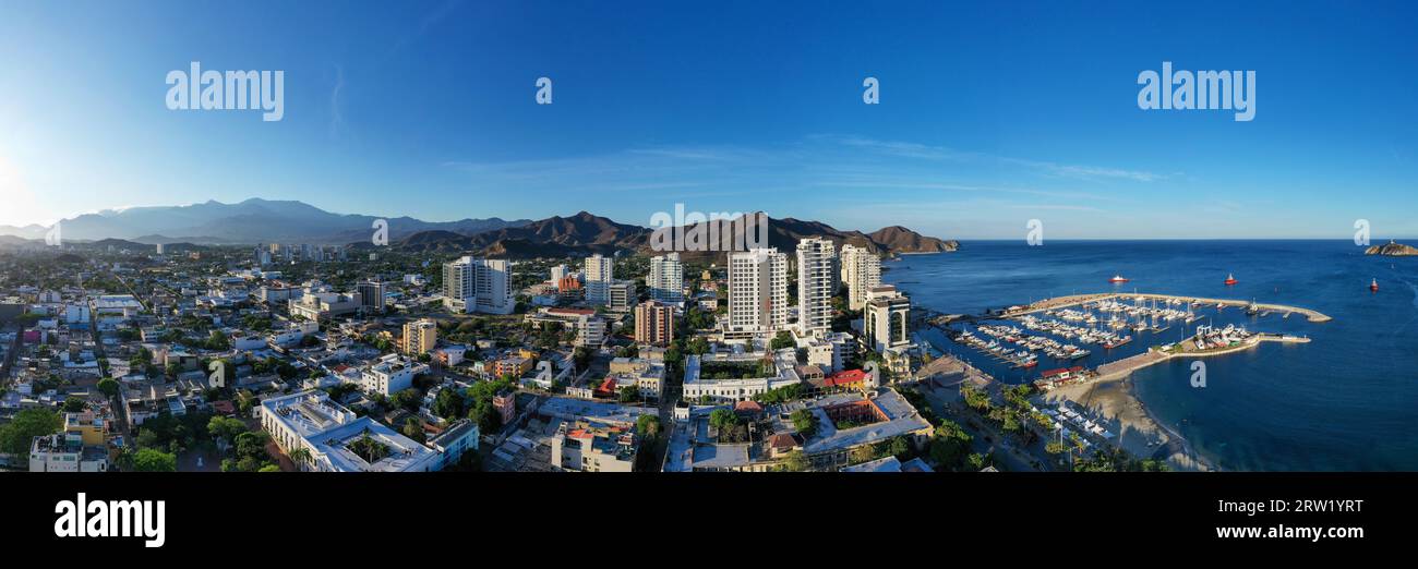 Aerial view of the city of Santa Marta, Colombia along the Caribbean ...
