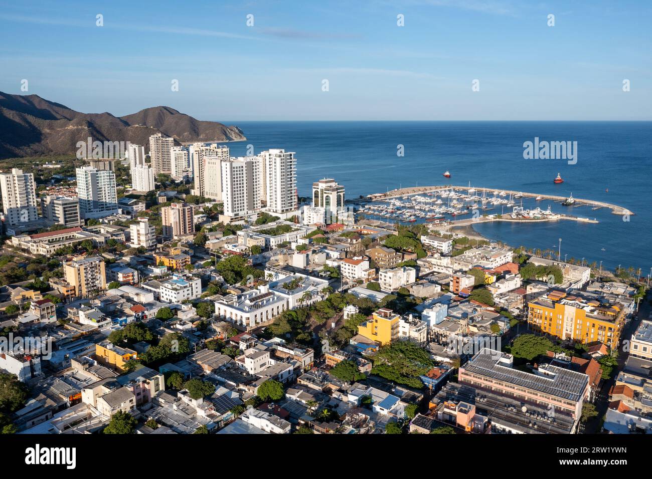 Aerial view of the city of Santa Marta, Colombia along the Caribbean ...