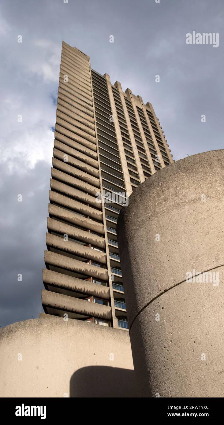 Low angle view of Defoe House concrete 1960s tower flats luxury ...