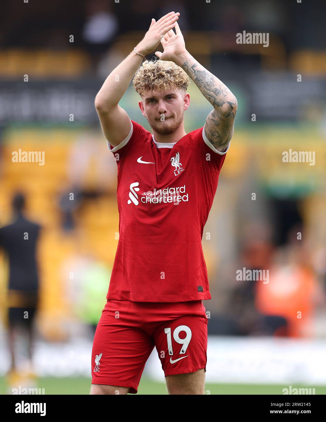 Liverpool's Harvey Elliott applauds the fans after the final whistle of ...
