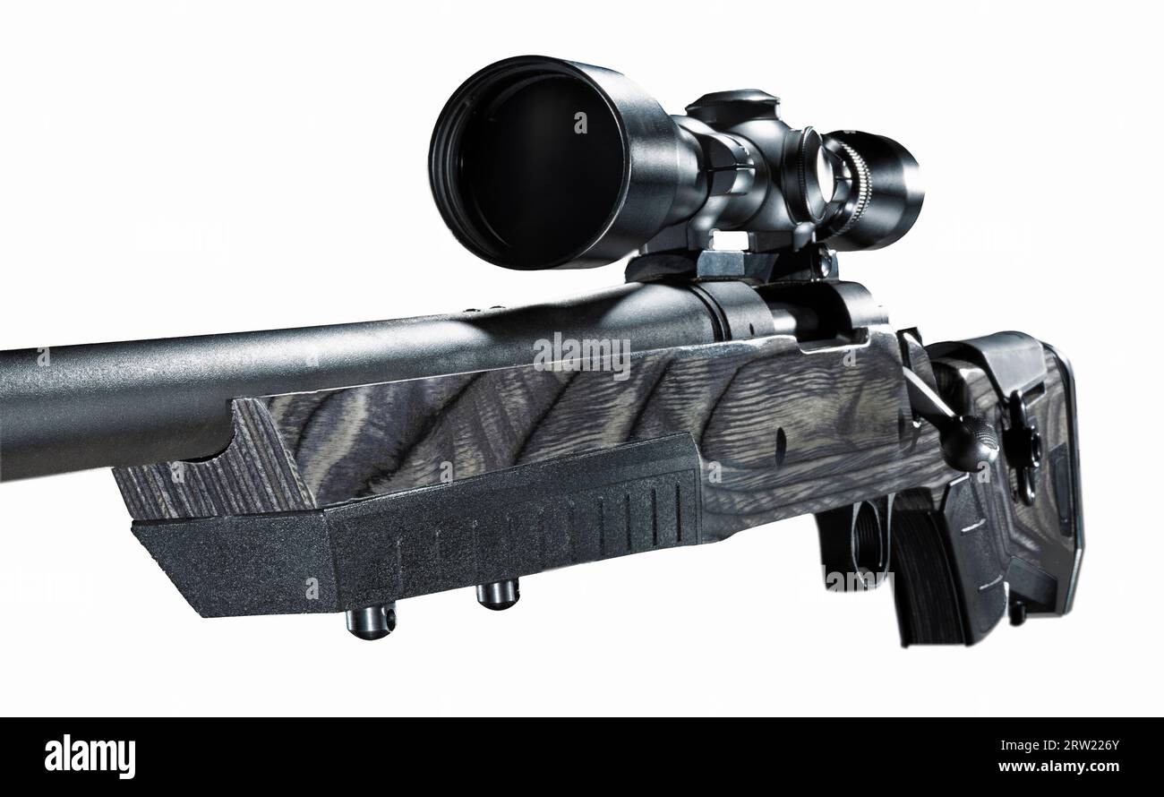 Magnified optic on hunting rifle isolated on a white background Stock ...