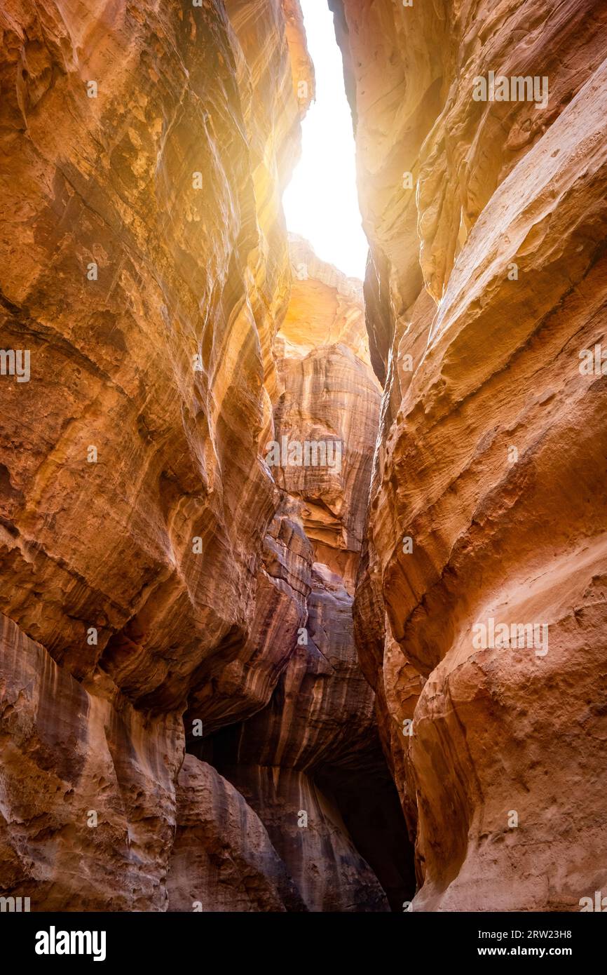 Canyon narrow path way between steep rocks, Petra, Jordan Stock Photo ...