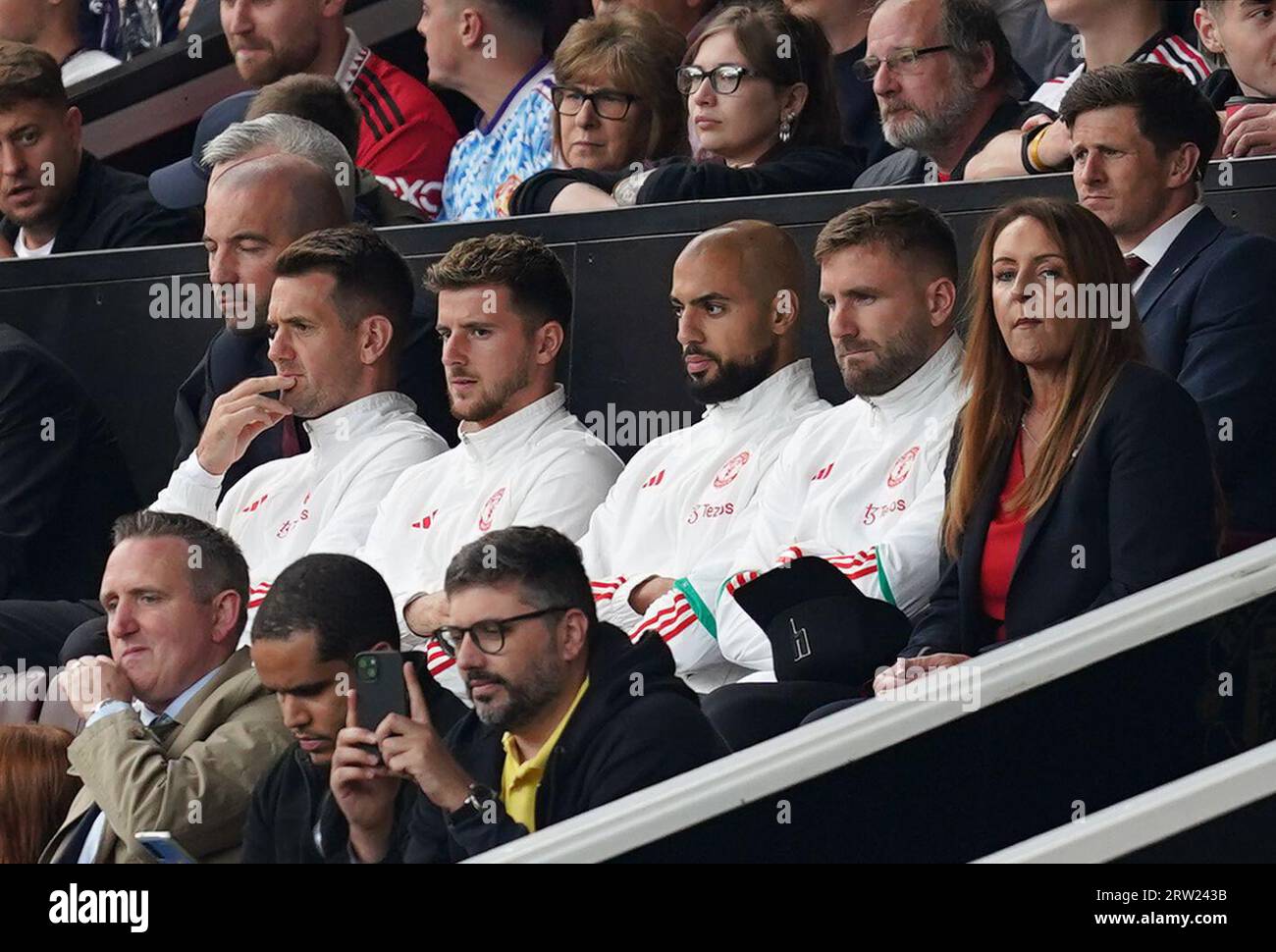 Left to right, Manchester United injured players Tom Heaton, Mason Mount, Sofyan Amrabat and ...