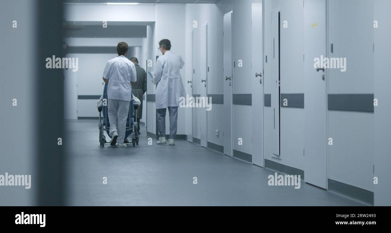 Back view of doctors pushing transfer wheelchair with patient walking ...
