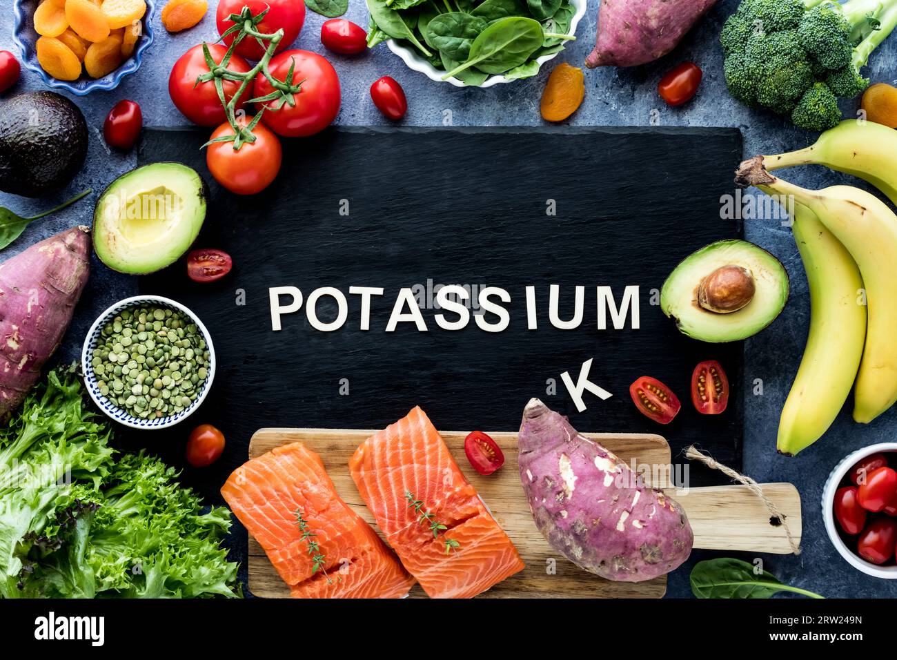The word Potassium on a black slate board surrounded by foods high in ...