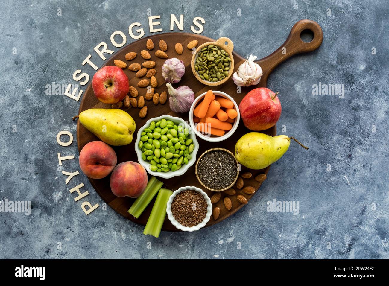 Top down view of a board topped with foods high in phytoestrogens Stock ...