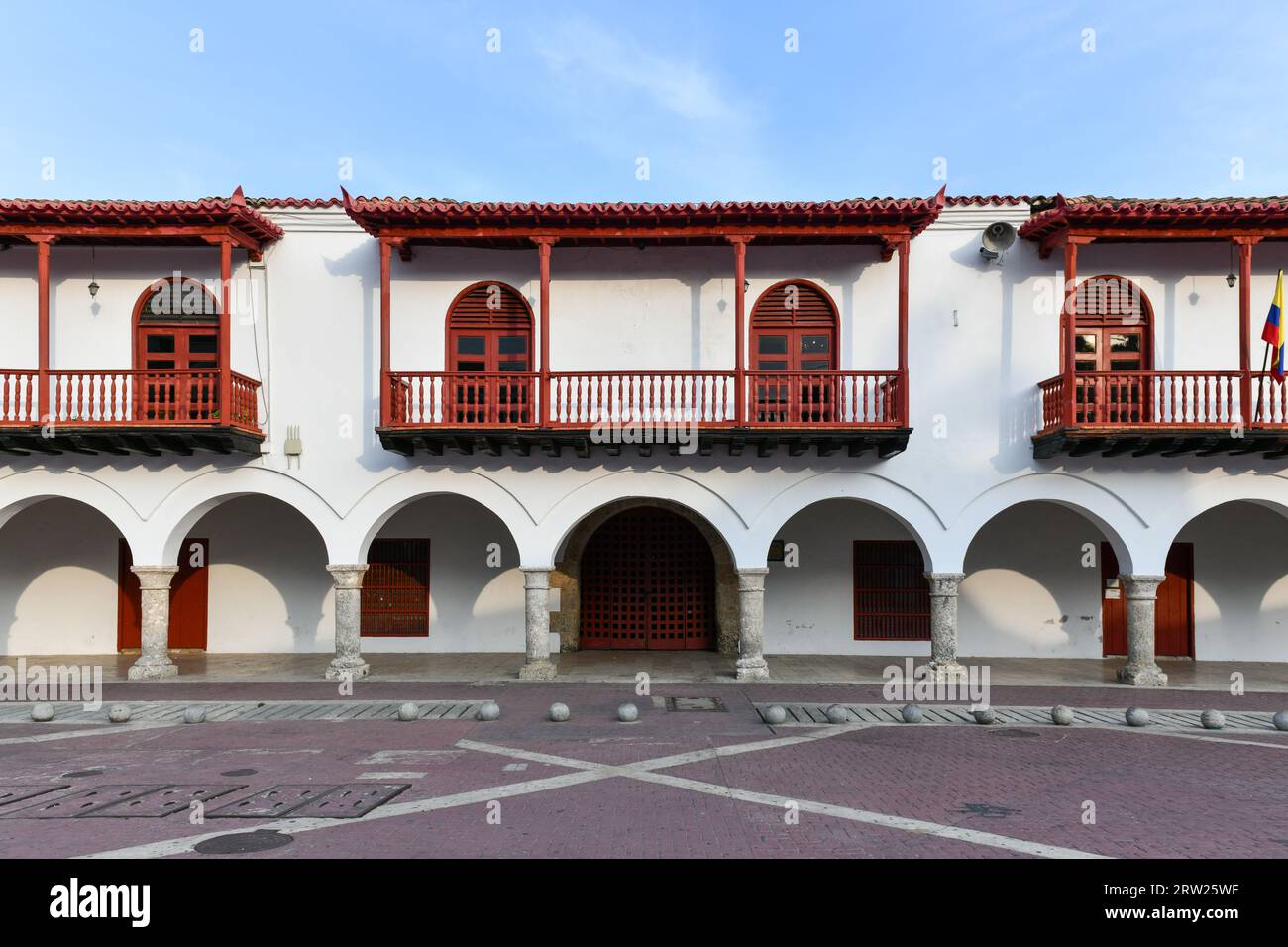 Old colonial buildings at the Plaza de la Aduana square in Cartagena de ...