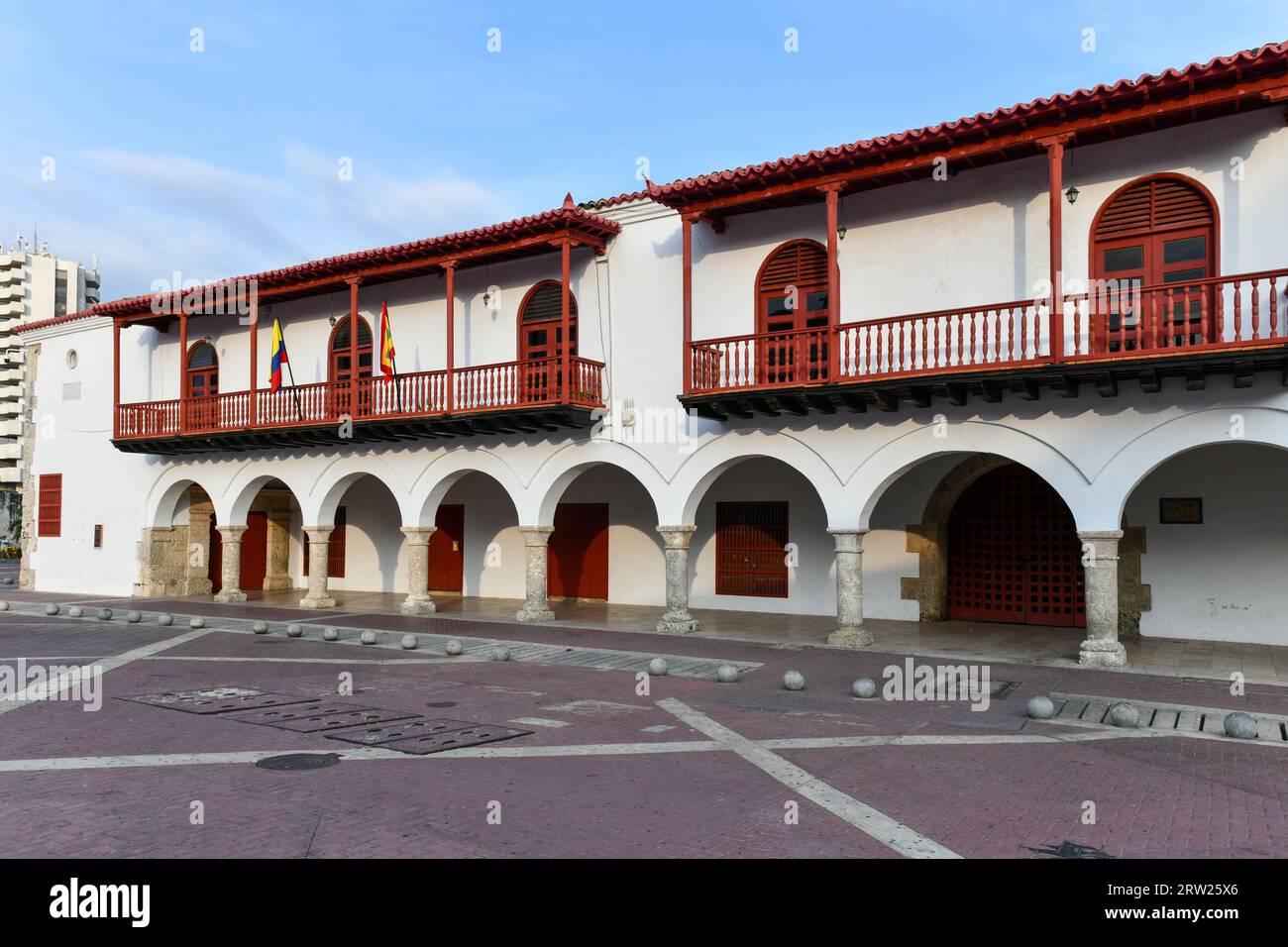 Old colonial buildings at the Plaza de la Aduana square in Cartagena de ...