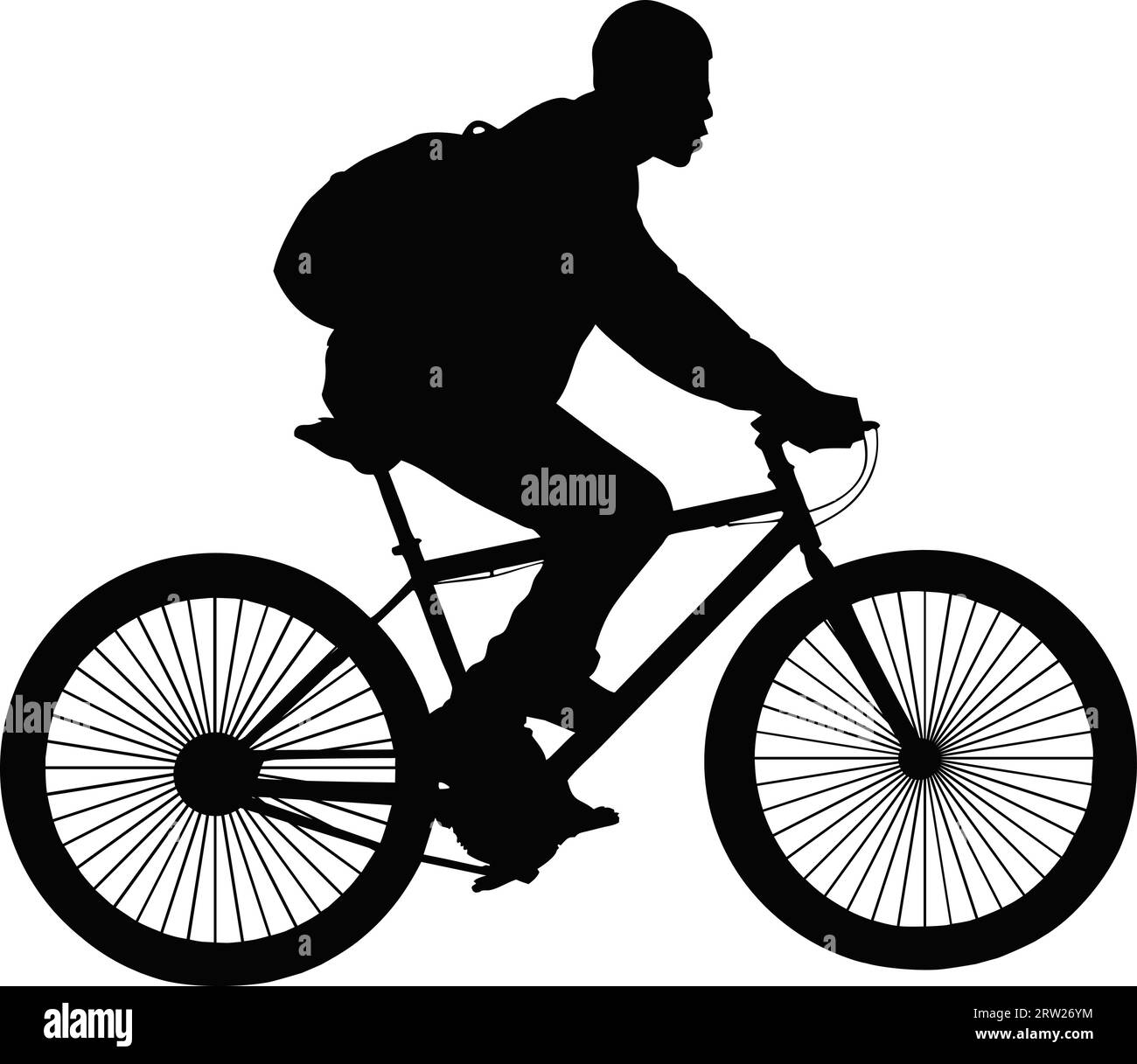 A male bicyclist riding a bicycle isolated against white background ...