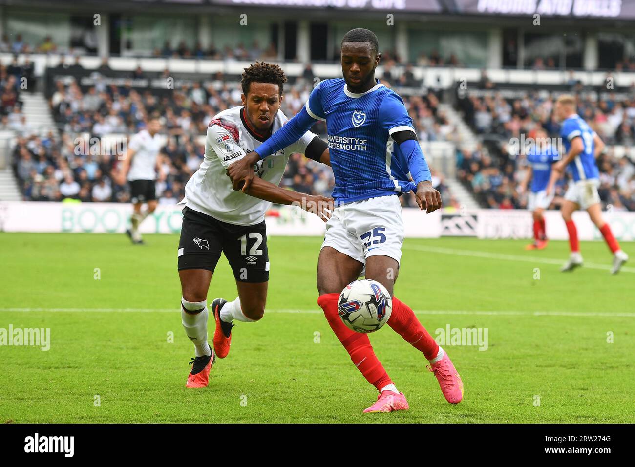 Derby, UK. 16th Sep 2023. Abu Kamara of Portsmouth shields the ball ...