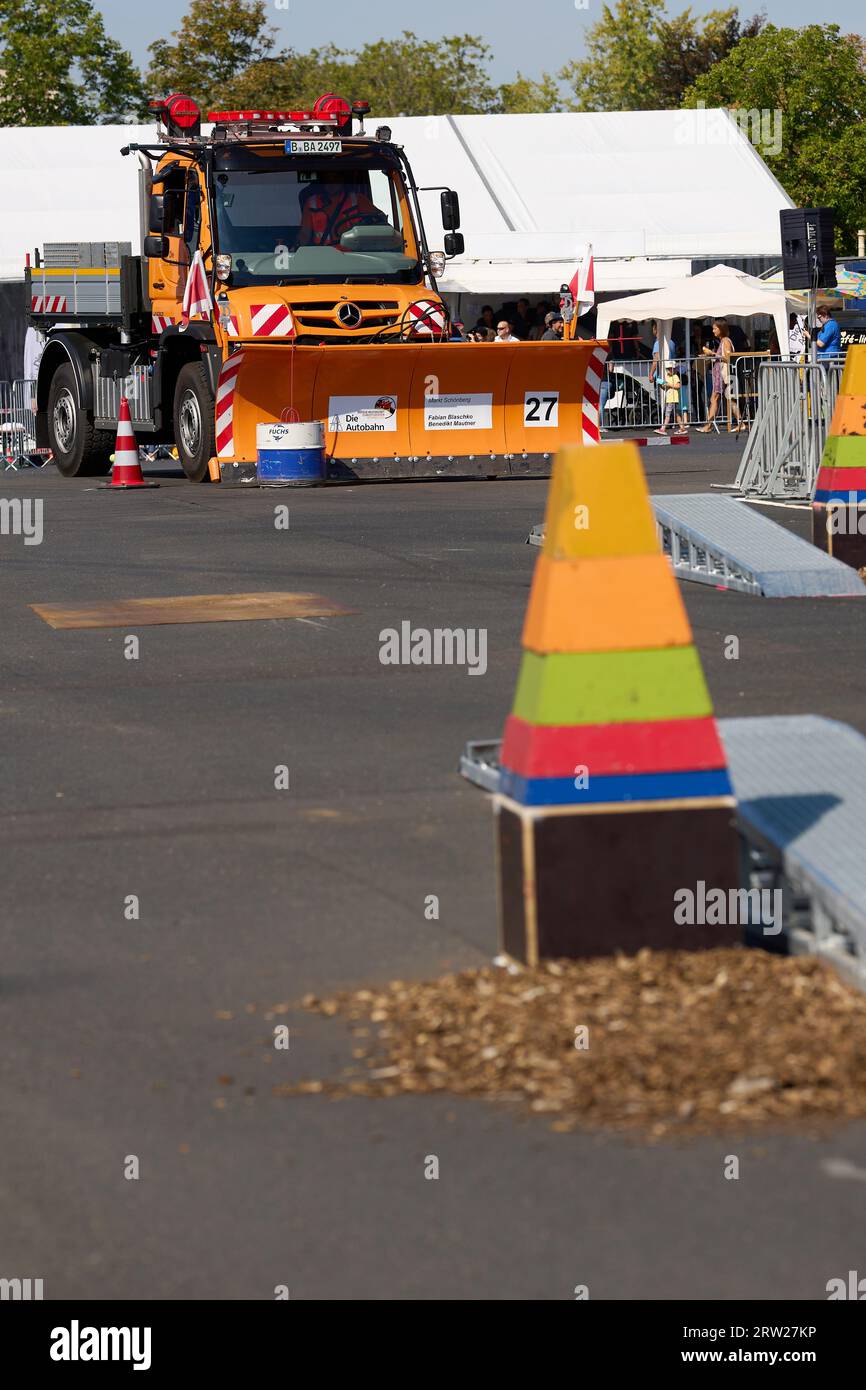 Koblenz, Germany. 16th Sep, 2023. A snow plow drives through an ...