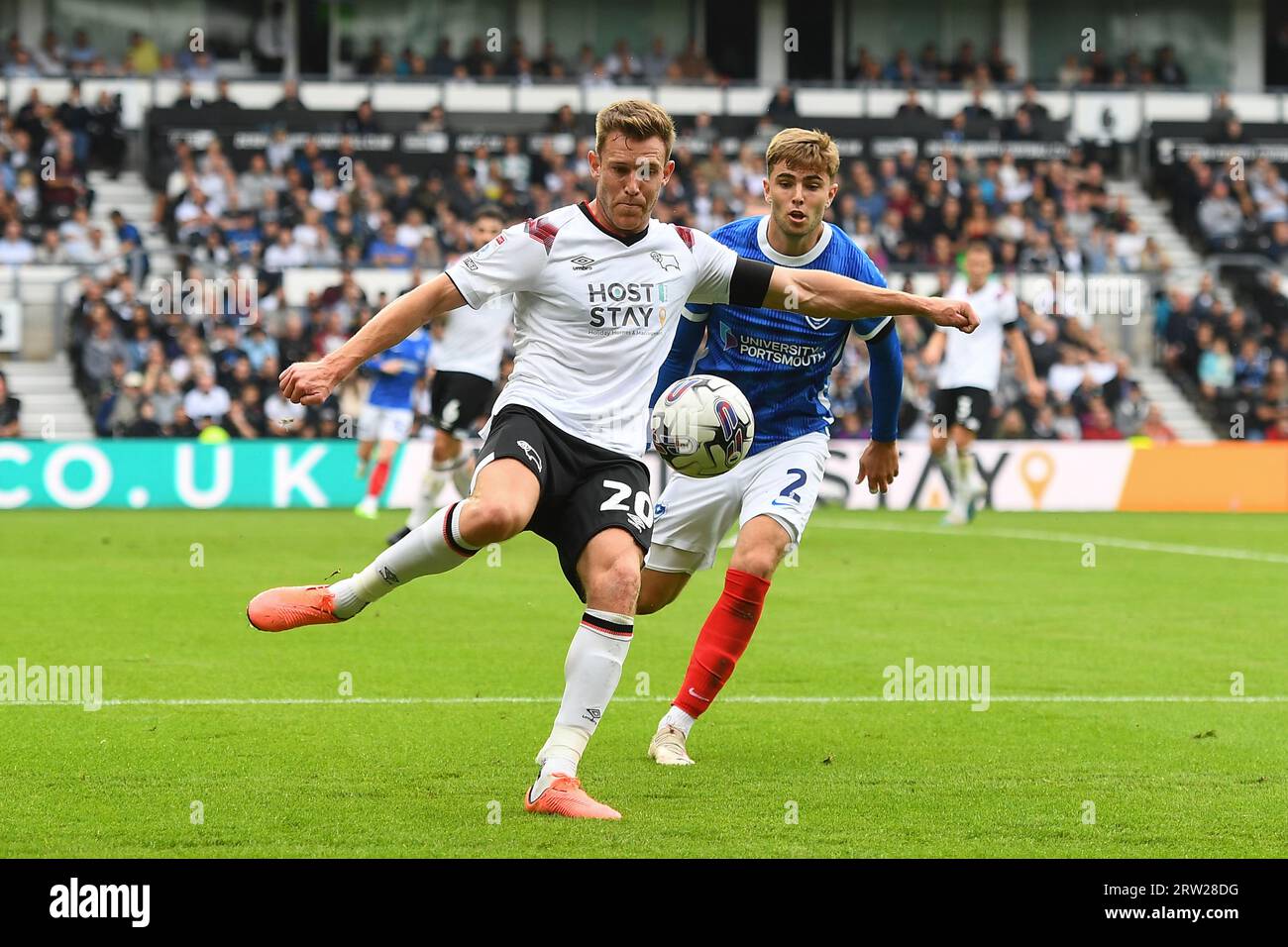 Derby, UK. 16th Sep 2023. Callum Elder of Derby County under pressure ...