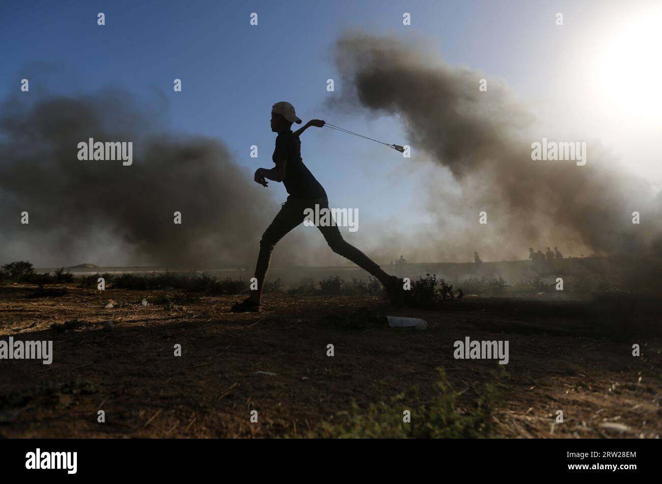 Gaza, Palestine. 15th Sep, 2023. A Palestinian protester uses a ...