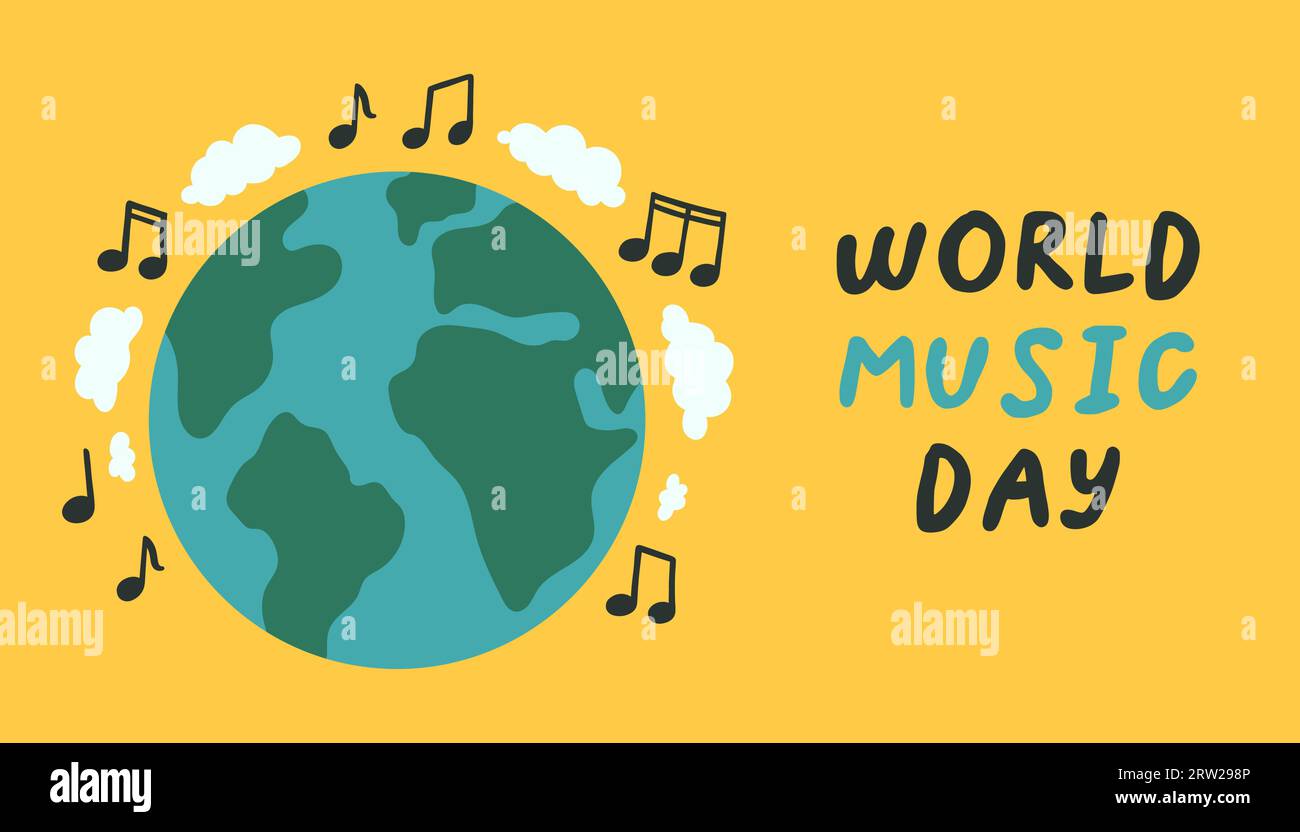World Music Day on yellow background. Planet Earth with musical notes ...