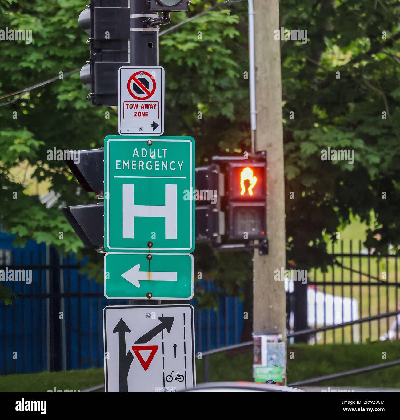 Direction sign for Adult Emergency with capital letter H for hospital ...