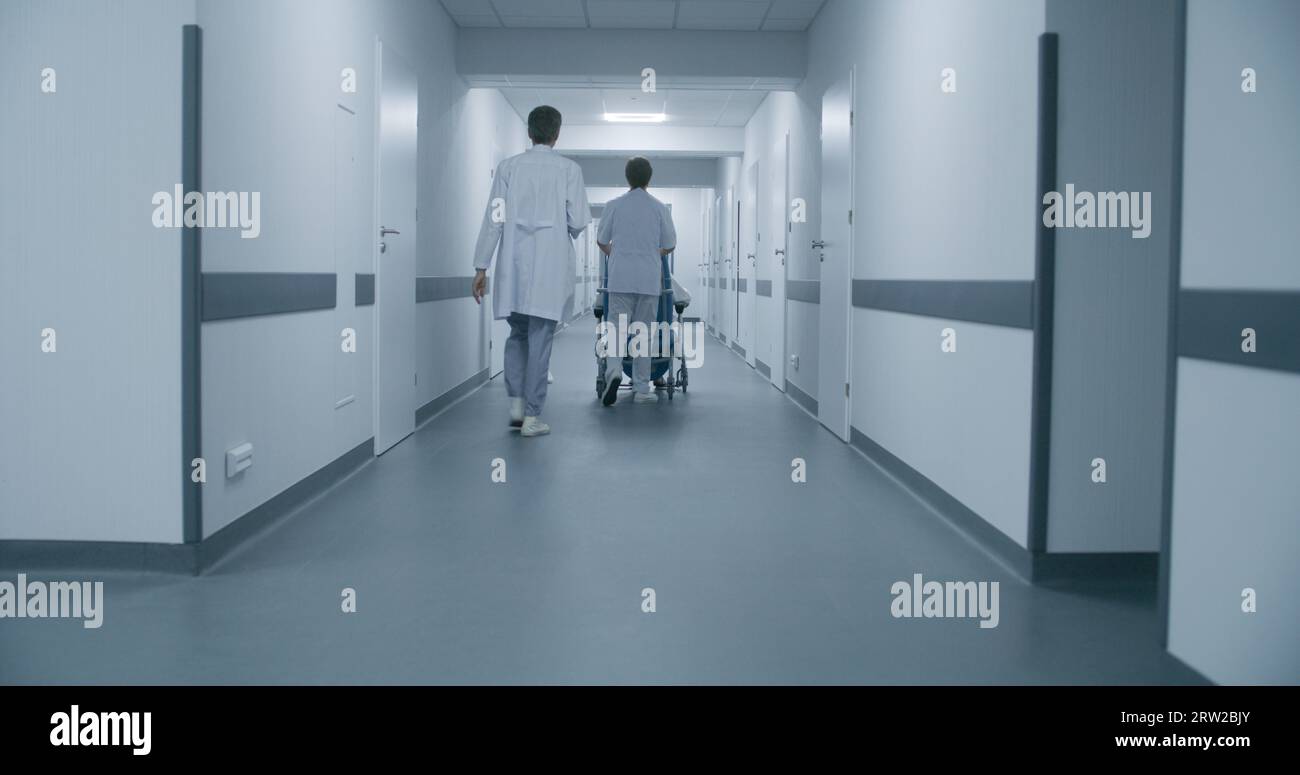 Back view of doctors pushing transfer wheelchair with patient walking ...