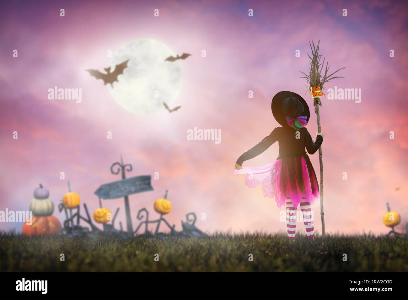 Little witch flying broom on Halloween night. Huge full moon and bats ...
