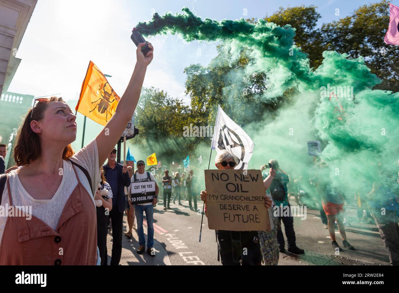London, UK. 16 September 2023. An activist from Extinction Rebellion ...