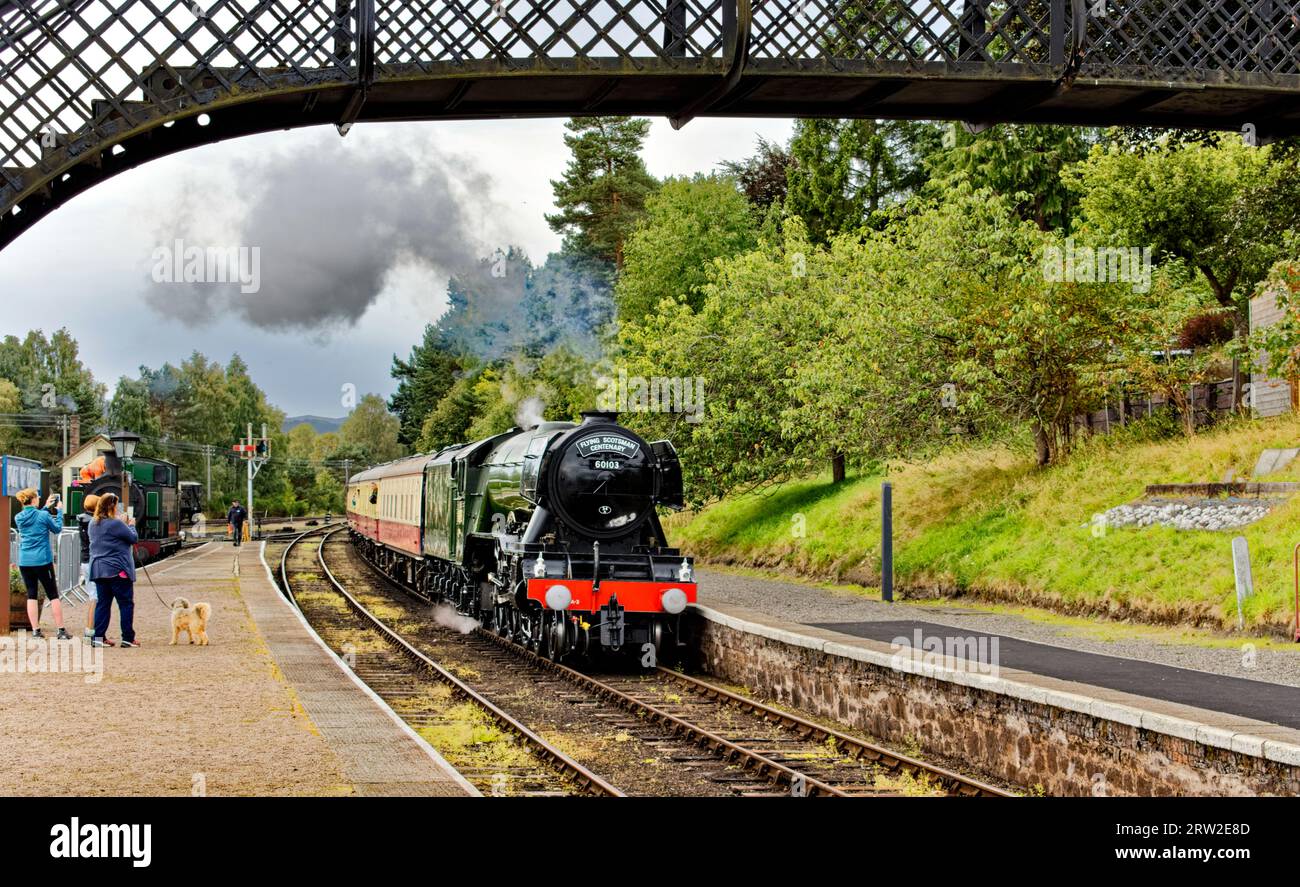 Flying Scotsman Steam Train at Boat of Garten Scotland people on the ...