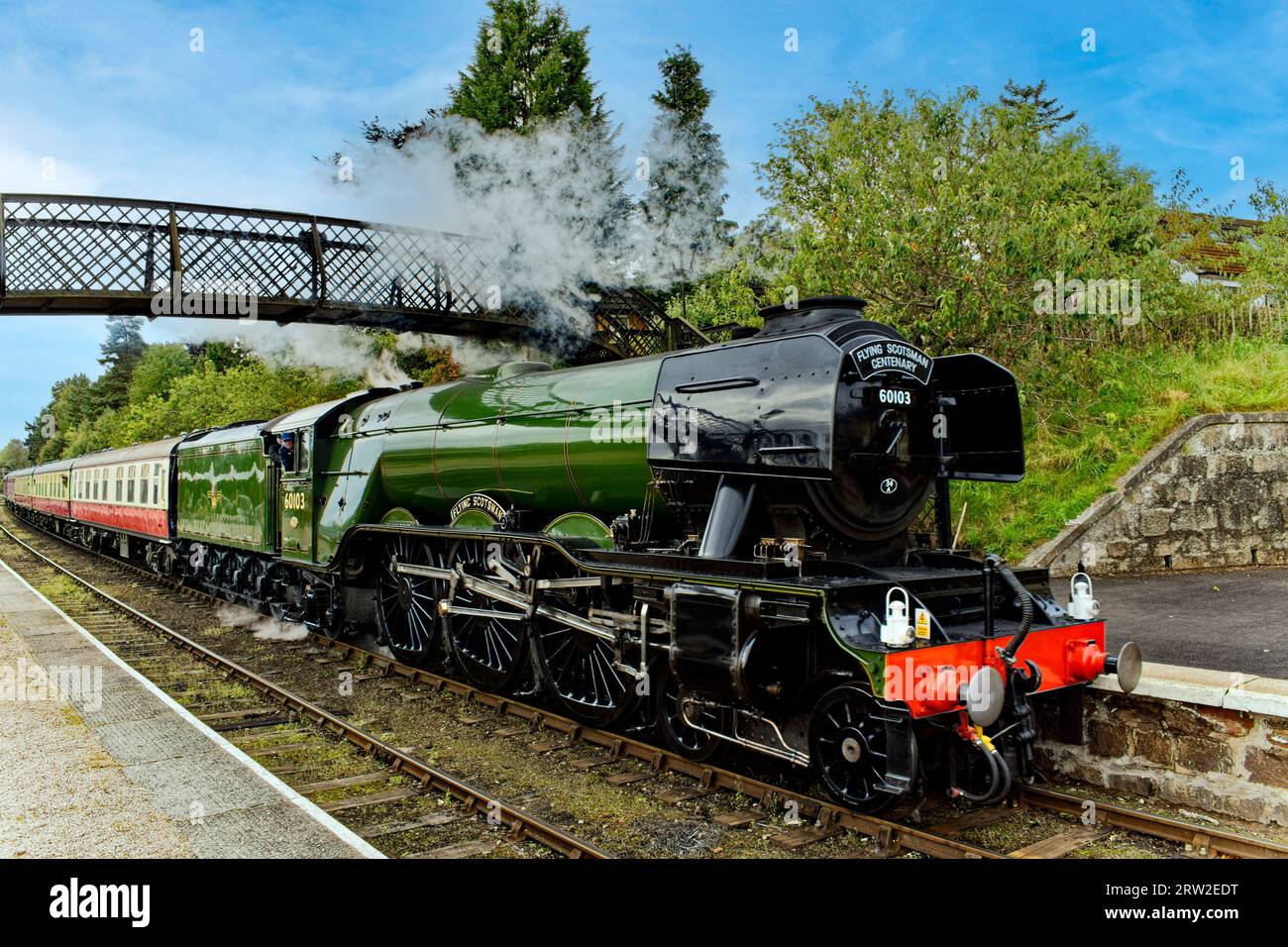 Flying Scotsman Steam Train under the footbridge the train arriving at ...