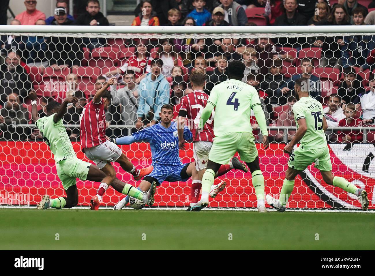 Bristol City's Harry Cornick has a shot saved by West Bromwich Albion ...