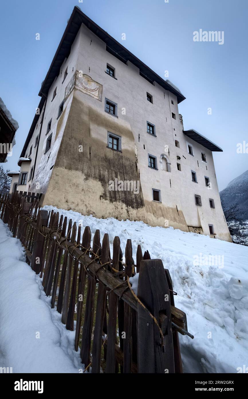 Snow on the medieval castle of Caldes. Sole Valley, Trentino, Italy ...