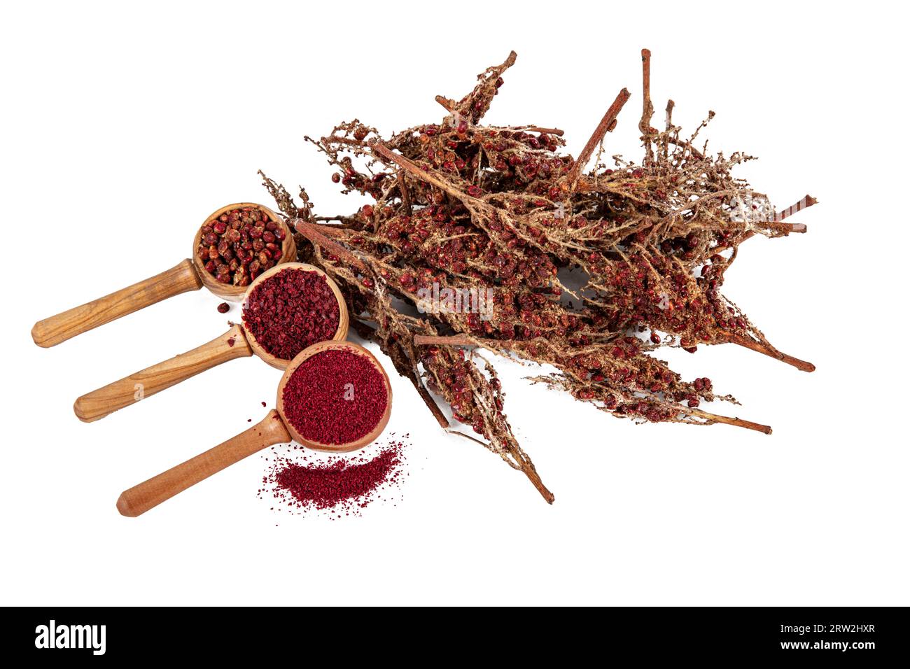 Dry spice sumac in a wooden spoon. Ground sumac spice. Dried ground red ...