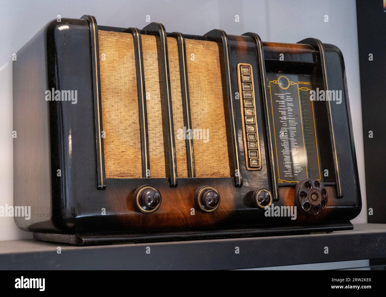 Old wooden radio receiver. Big retro radio. Music background. Poland ...