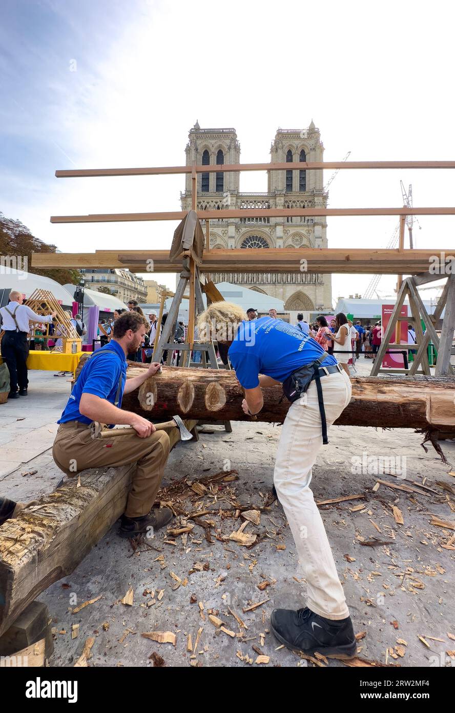 Paris, France. 16 Sep 2023: Two French artisan carpenters and ...