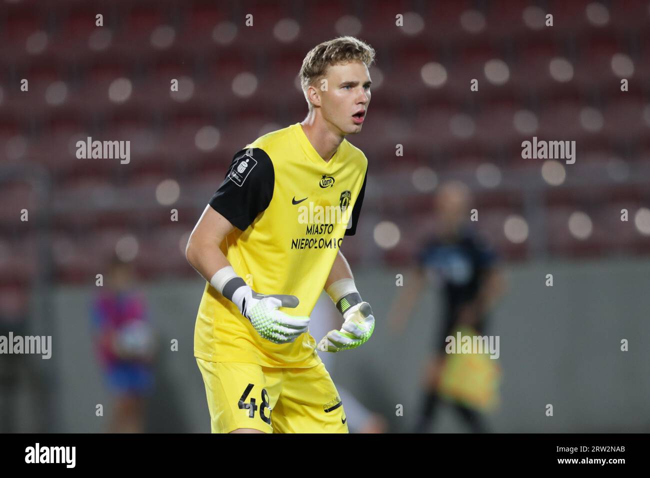 Goalkeeper Oliwier Zych, of Puszcza Niepolomice seen during the Polish ...