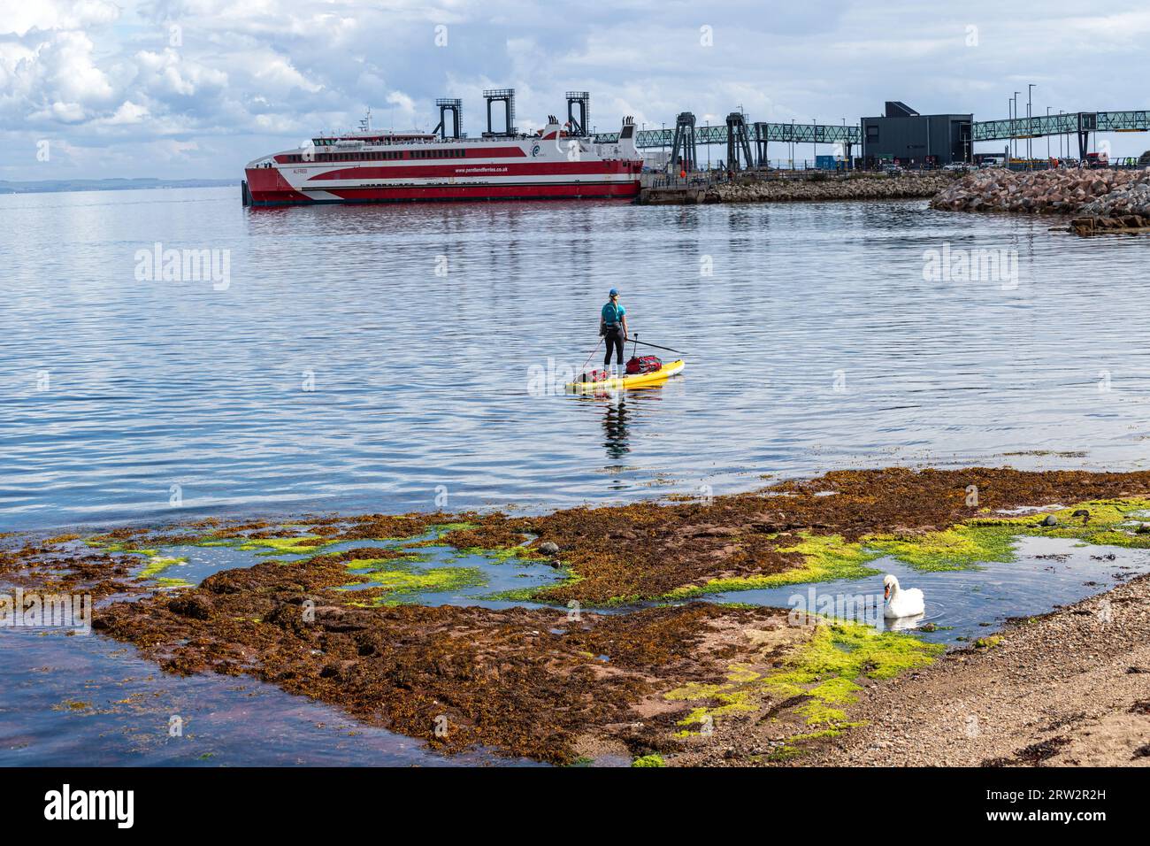 Woman water paddling and MV Alfred, Pentland Ferries, from Brodick to ...