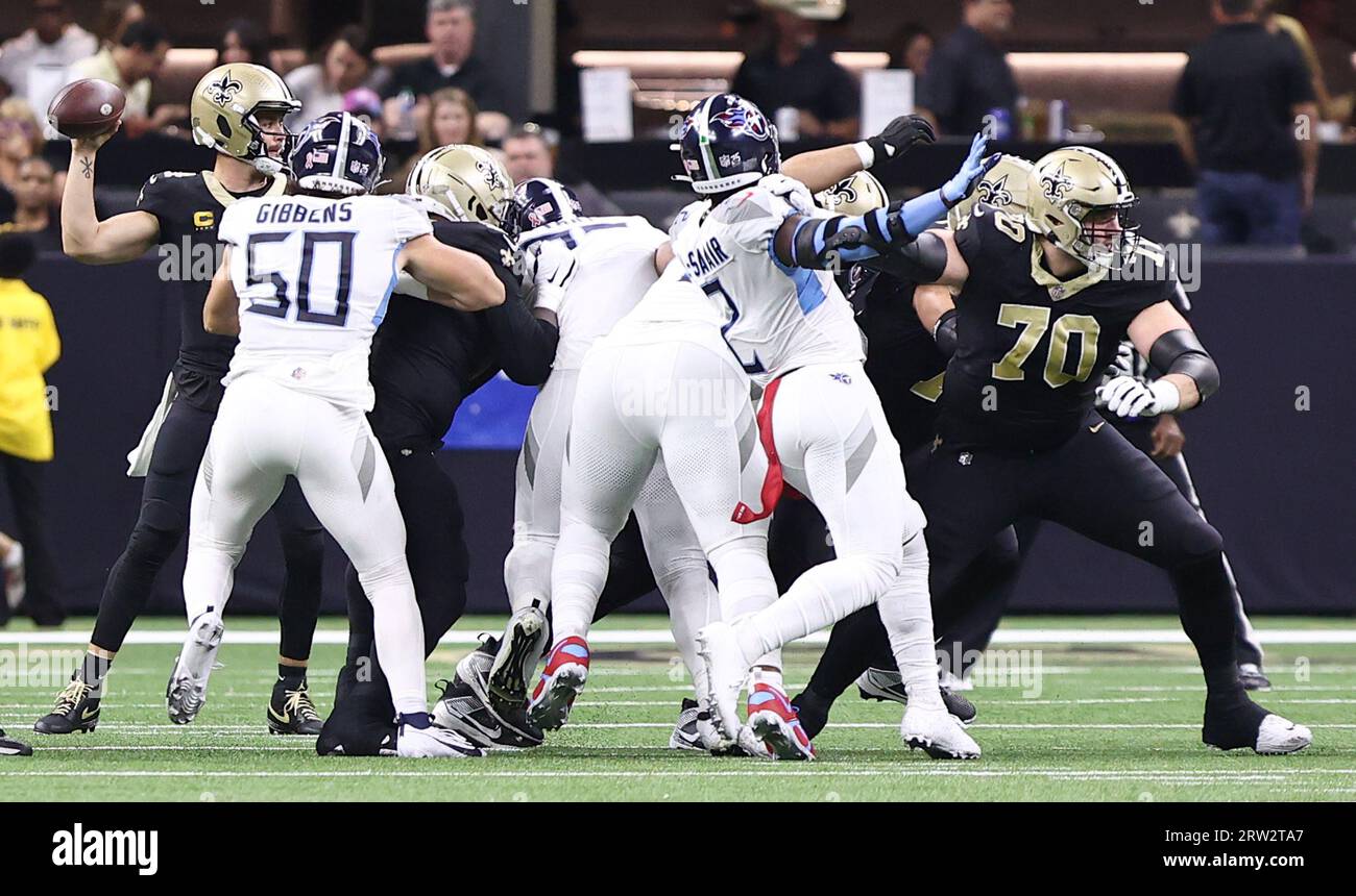 New Orleans, USA. 10th Sep, 2023. New Orleans Saints quarterback Derek Carr (4) attempts a pass ...